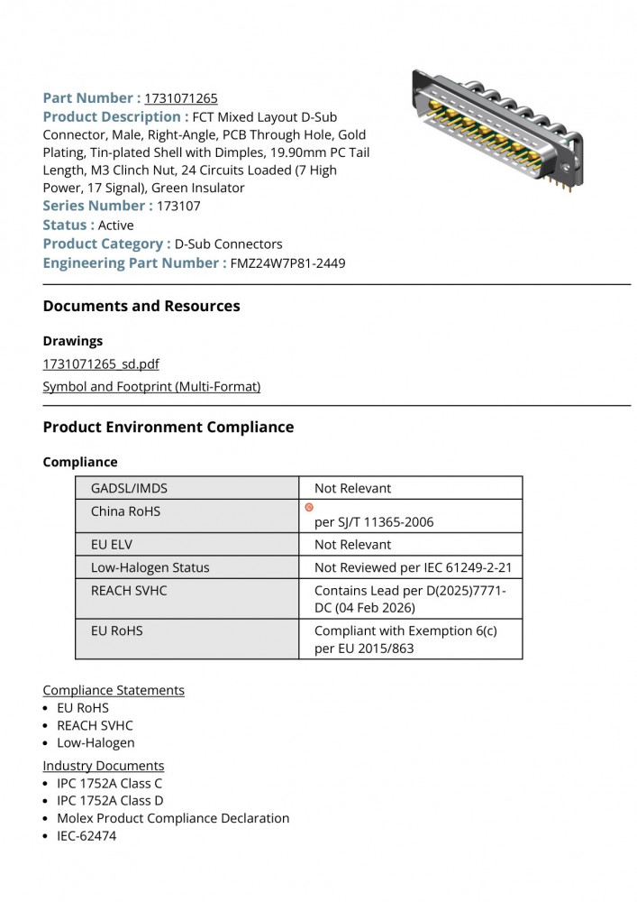 MOLEX 1731071265 technical drawing, page 1