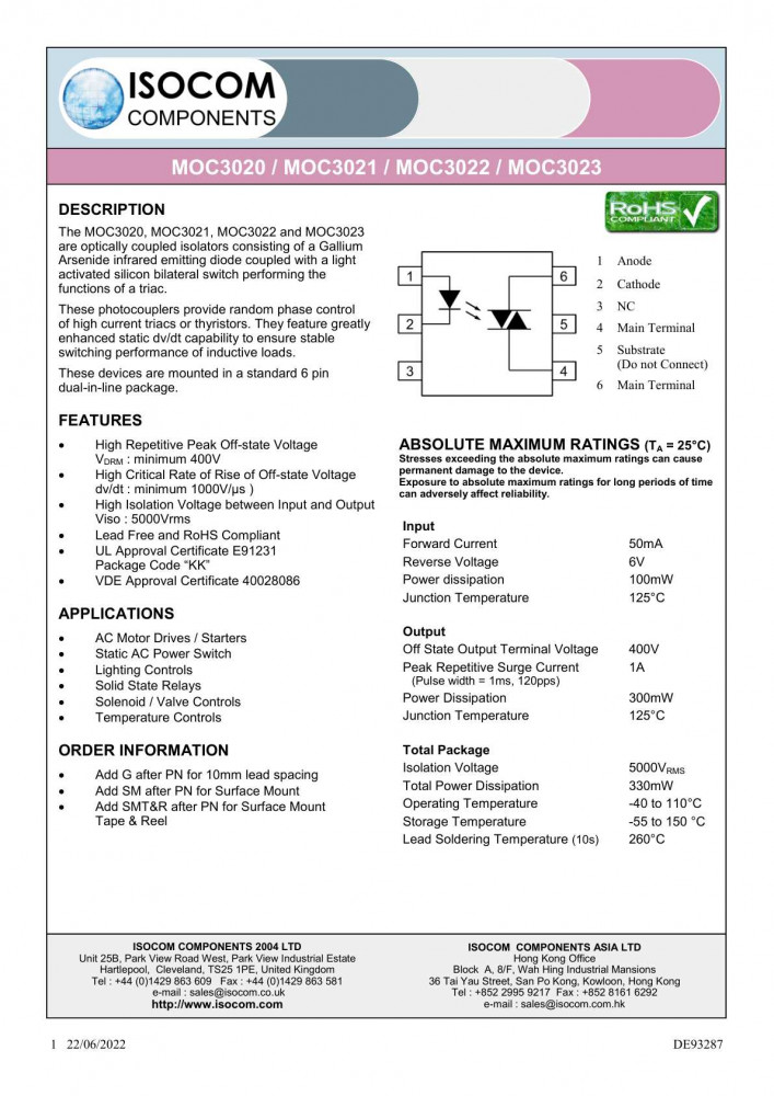 MOC3020 datasheet page 1