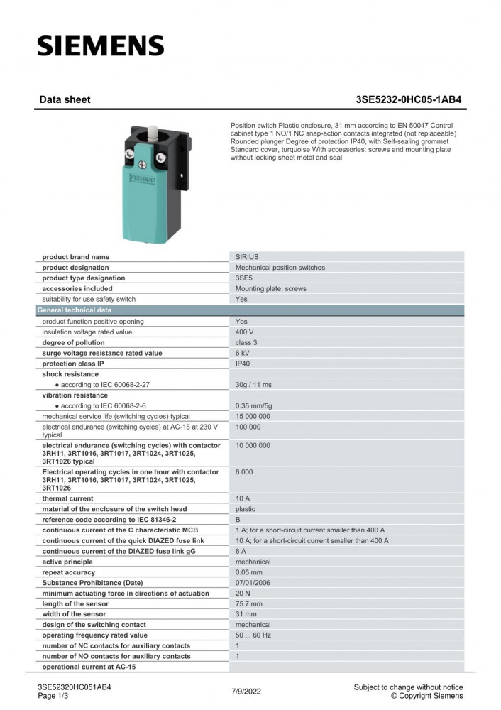 3SE52320HC051AB4 technical document page 1