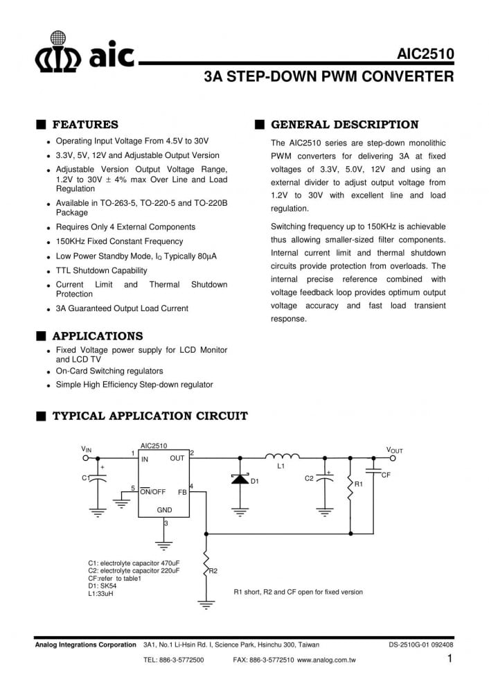 AIC2510 datasheet page 1