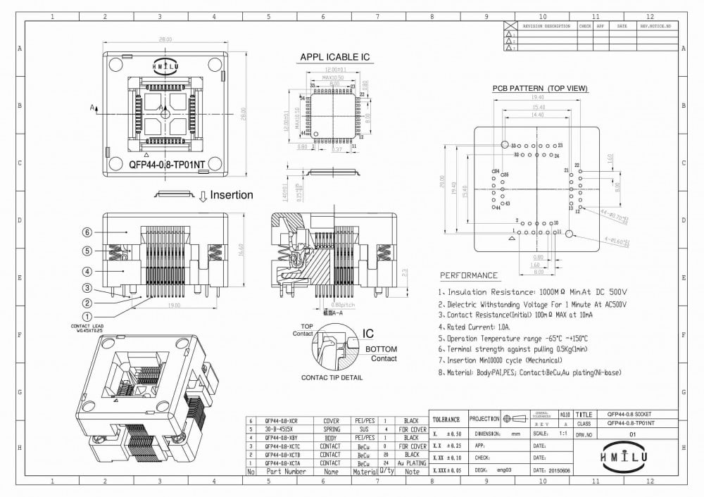 HMILU QFP44-0.8 socket technical drawing