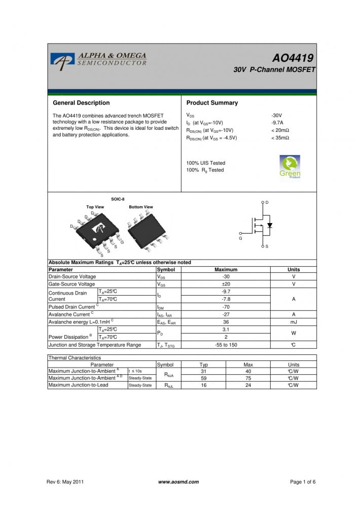 AO4419 datasheet page 1