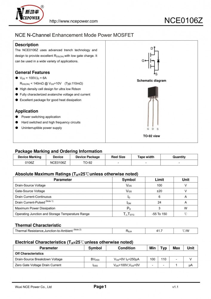NCE0106Z datasheet page 1