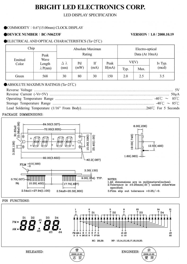 BC-N06233F 0.6-inch clock display technical document page