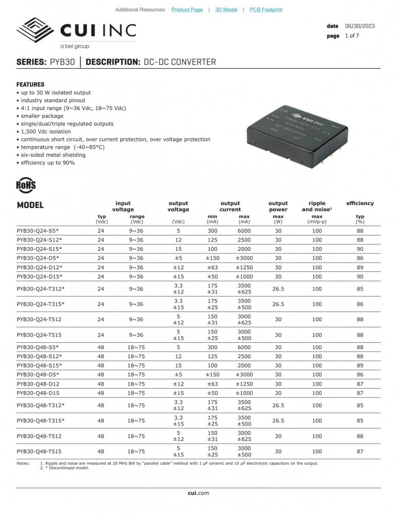 CUI PYB30 series datasheet page 1