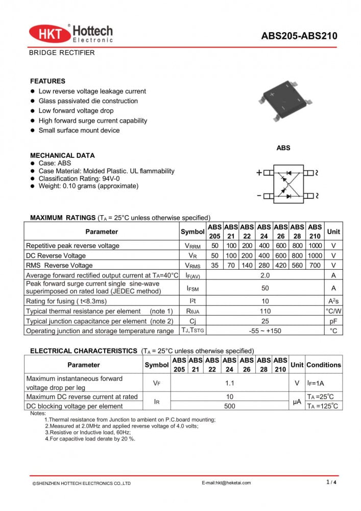 ABS210 bridge rectifier datasheet page 1