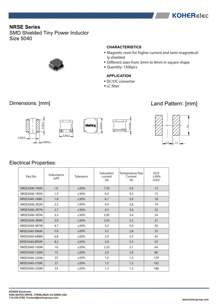 KOHERelec NRSE5040 series datasheet page 1