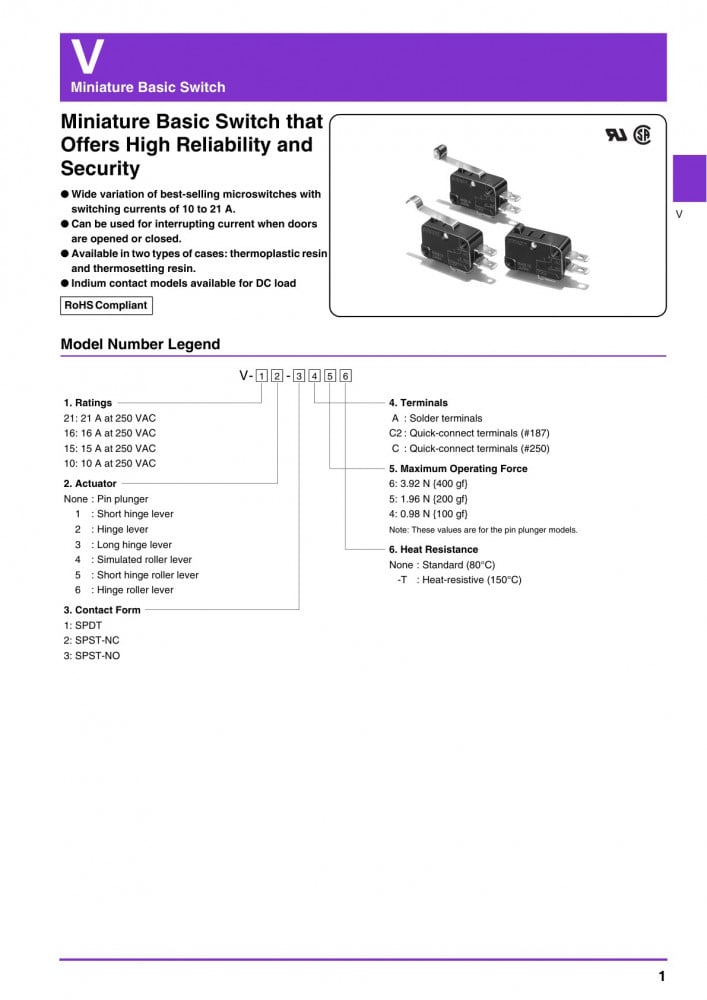 OMRON V-15 series datasheet page 1
