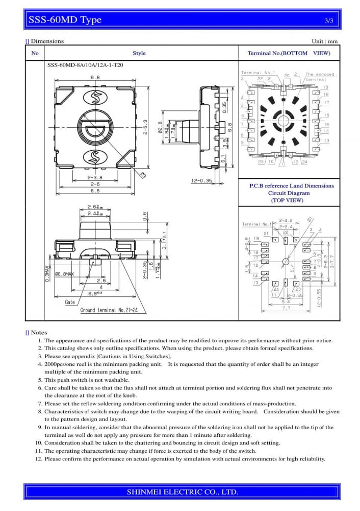 Shinmei SSS-60MD series dimensions and PCB layout