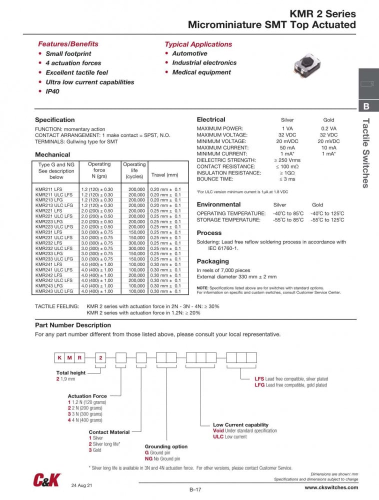 C&K KMR223GLFG technical document page 1