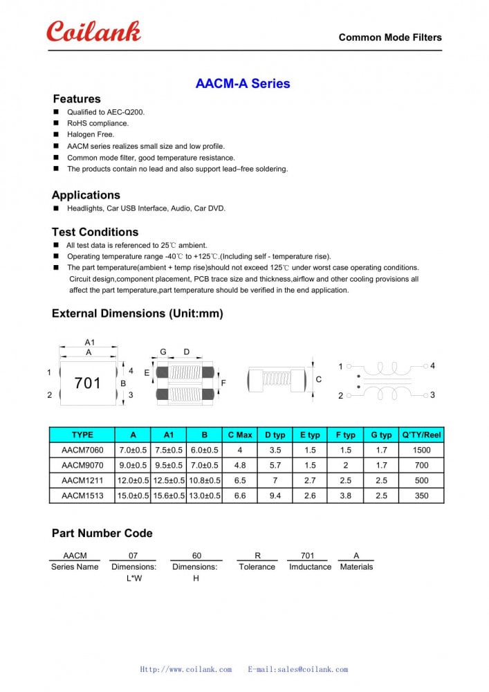 COILANK AACM-A Series datasheet page 1