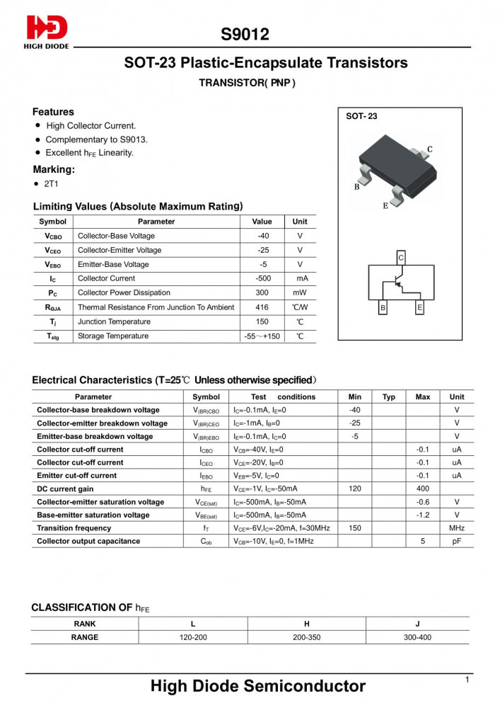 S9012 datasheet page 1