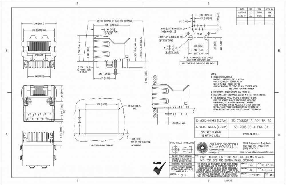 Bel Fuse SS-700810S-A-PG4-BA technical drawing