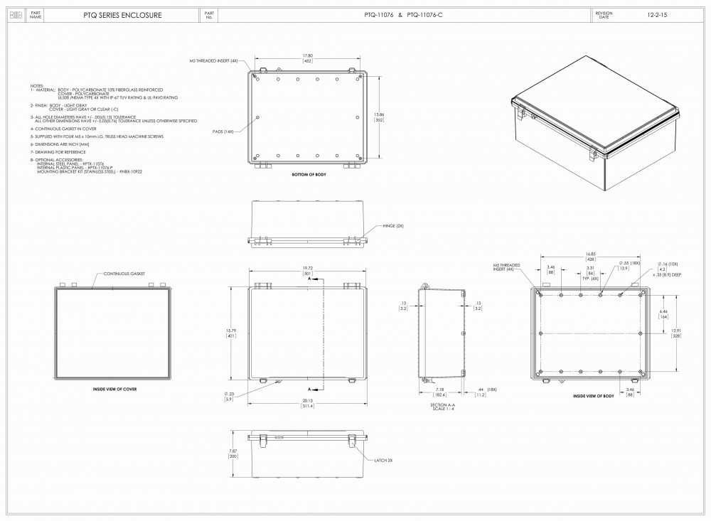Bud Industries PTQ-11076 enclosure technical drawing