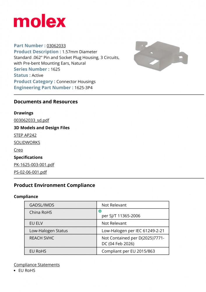 MOLEX .062 Miniature Pin Terminals specification, page 1