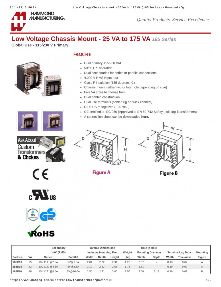 Hammond 185 Series technical document page 1