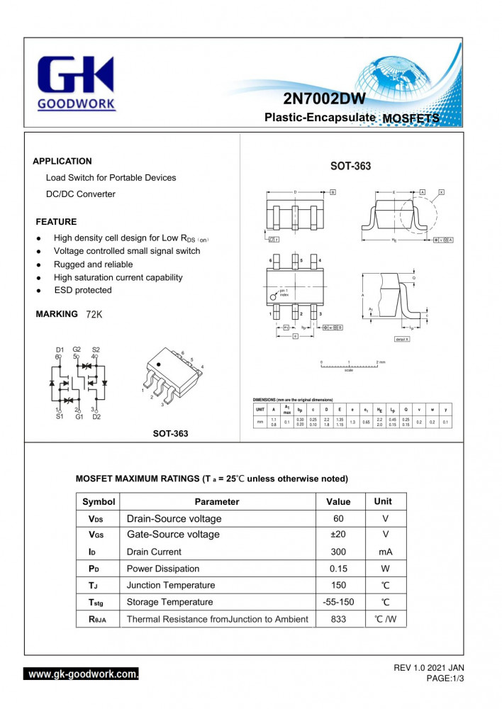 2N7002DW datasheet page 1