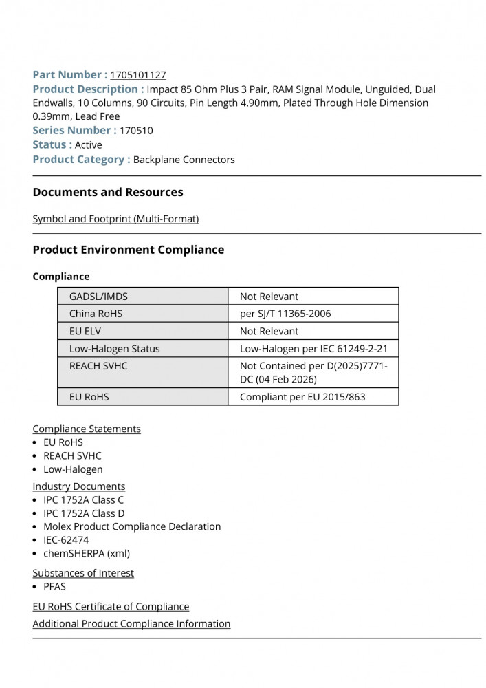 Technical document image 1 for MOLEX 1705101127