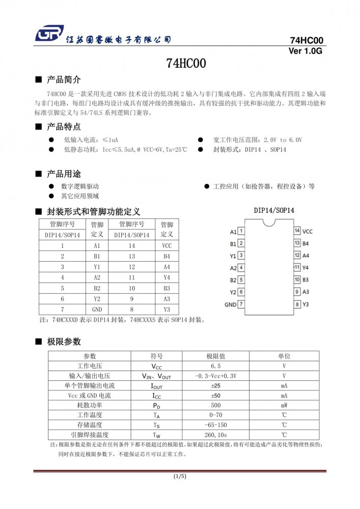 74HC00S technical document page 1