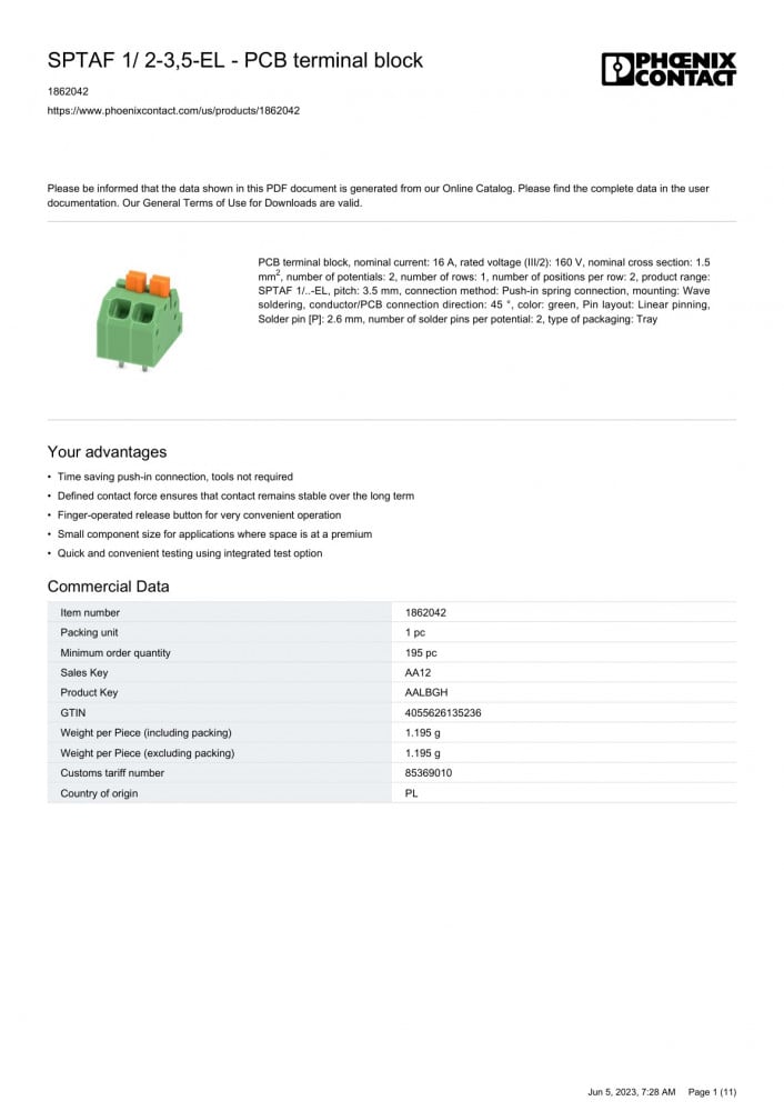 Phoenix Contact 1862042 technical document page 1
