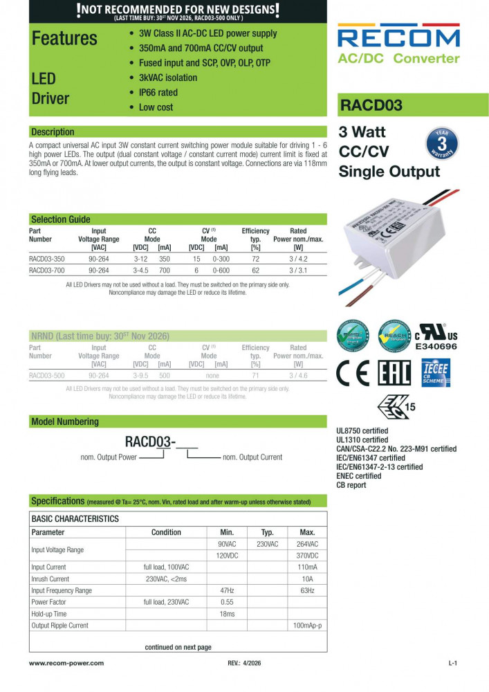 RACD03-500 product documentation, page 1