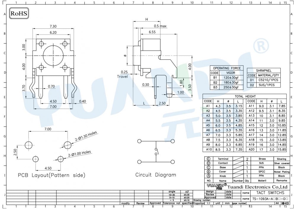 YUANDI TS-1093A-A10B3-D2 technical drawing