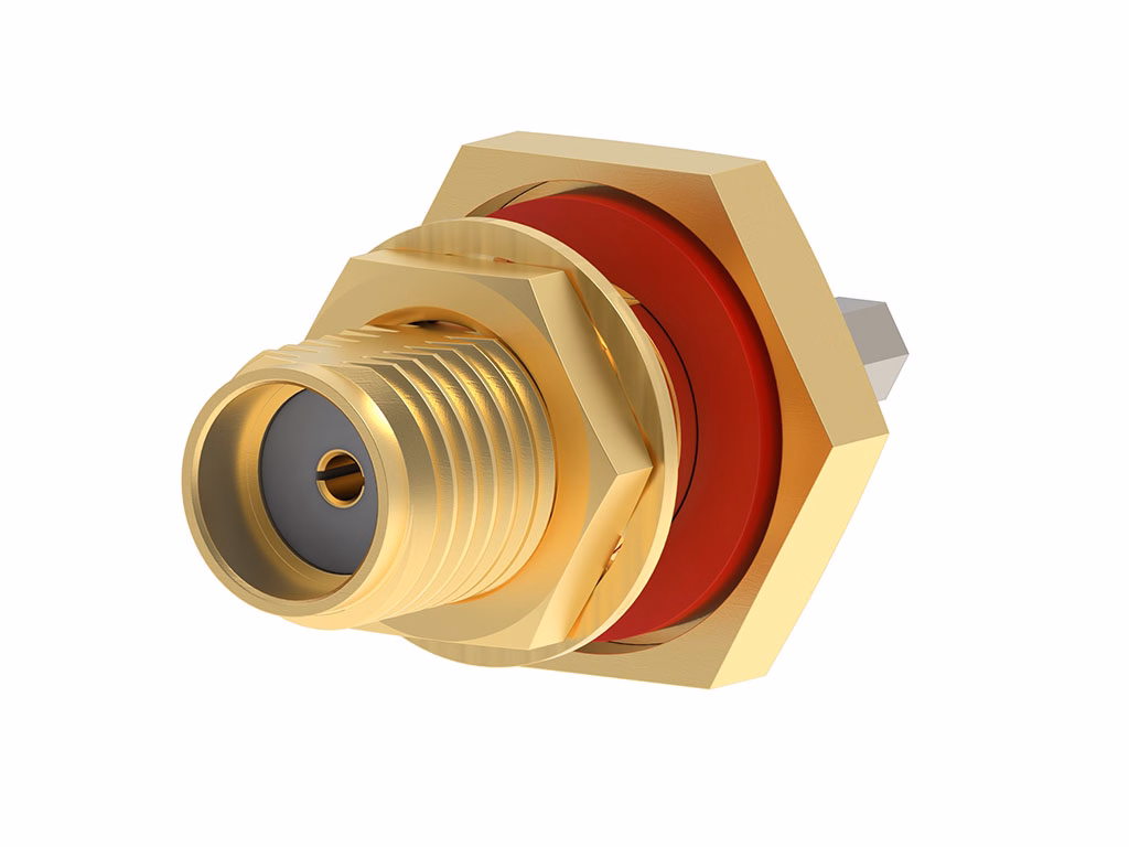 SMA Jack, Straight, 4-Hole Flange Mount, Candlestick Contact, 7.00mm Length, Brass Body, Gold (Au) Plated, One Piece Per Bag, 50 Ohms