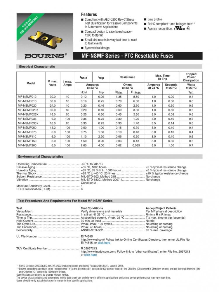 BOURNS MF-NSMF series datasheet page 1
