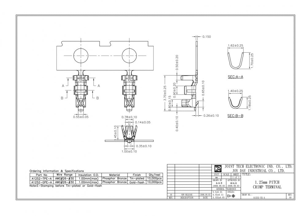 A1252-TPE-A 1.25 mm pitch crimp terminal drawing