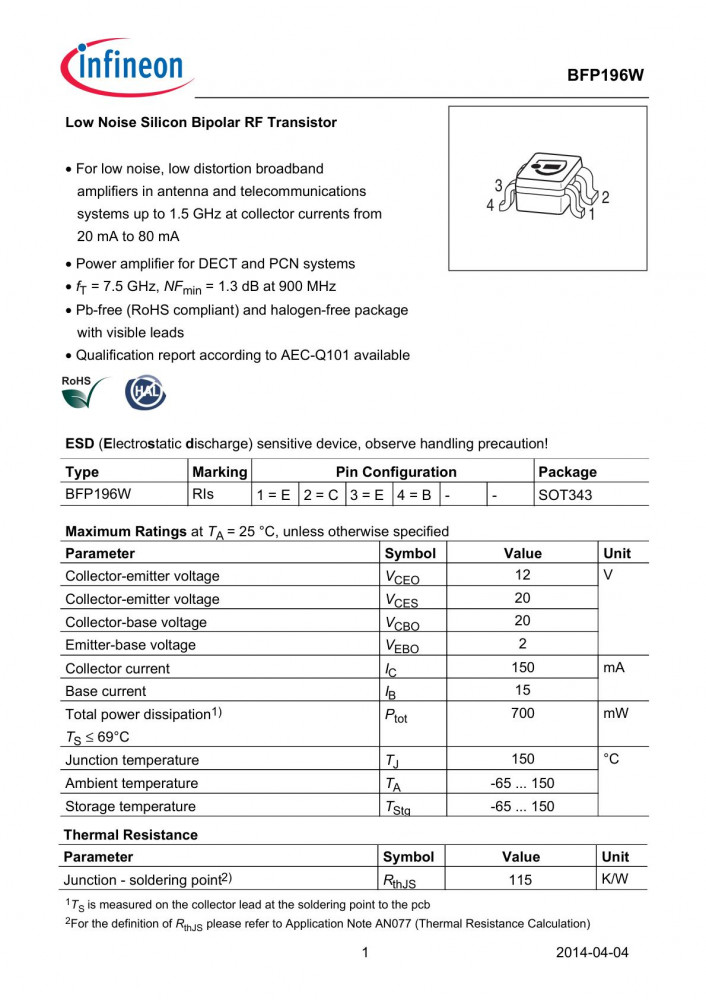 BFP196WH6327 datasheet page 1
