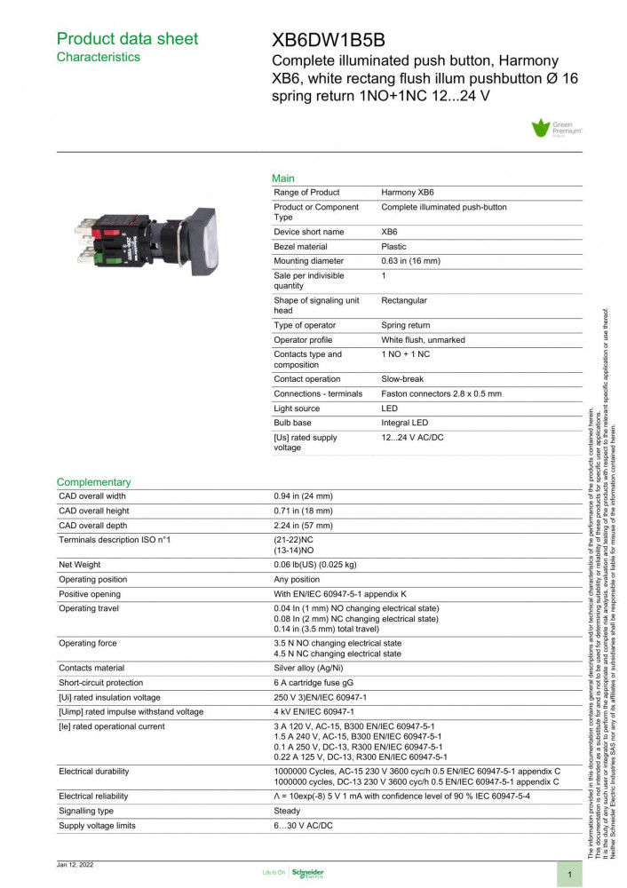 XB6DW1B5B technical document page 1