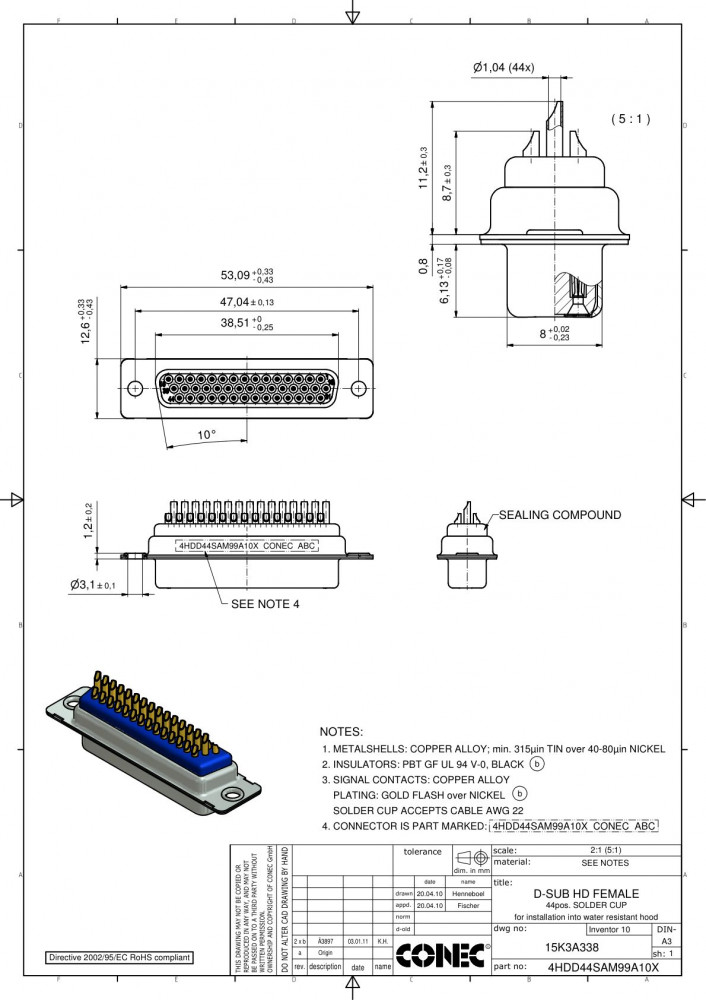 Conec 4HDD44SAM99A10X product drawing