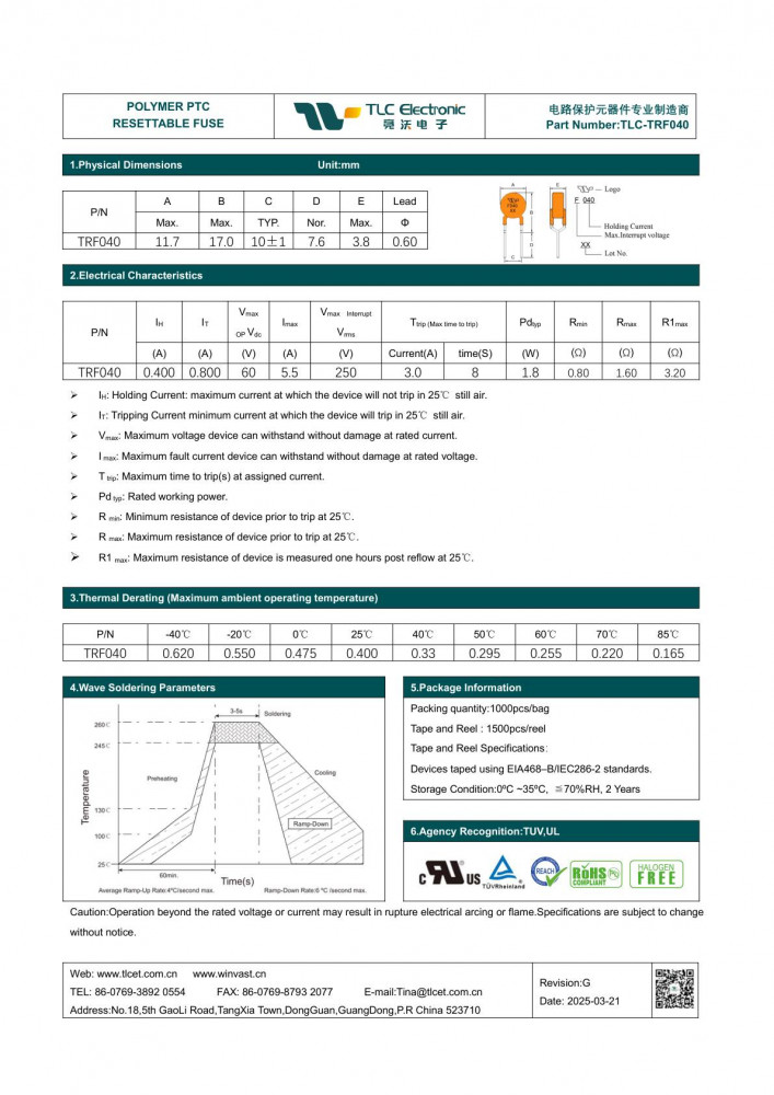 TLC Electronic TRF040 datasheet page