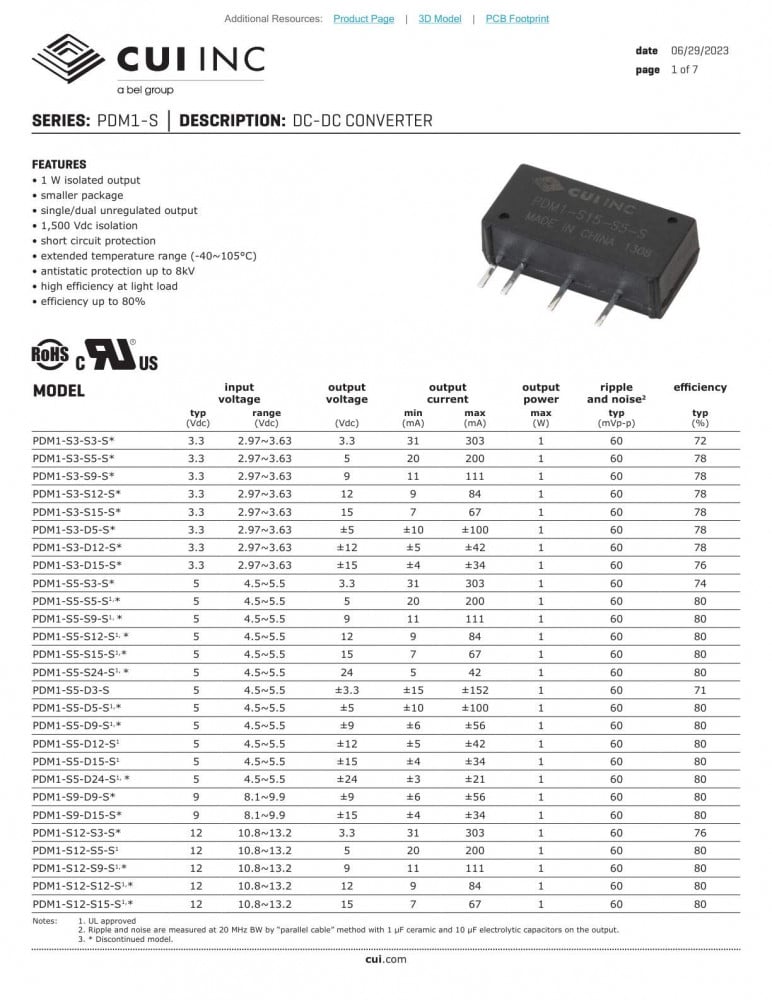 CUI PDM1-S datasheet page 1
