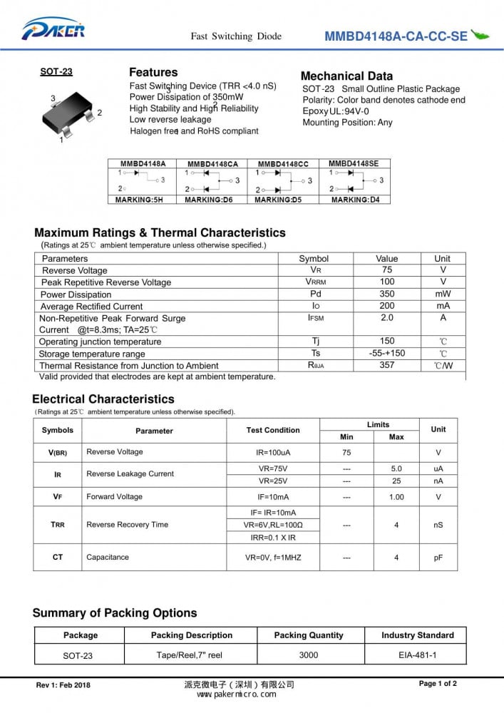MMBD4148CC technical document page 1