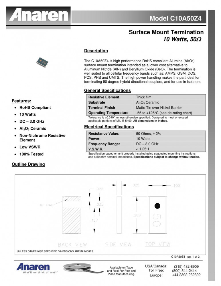 Anaren C10A50Z4 datasheet page 1