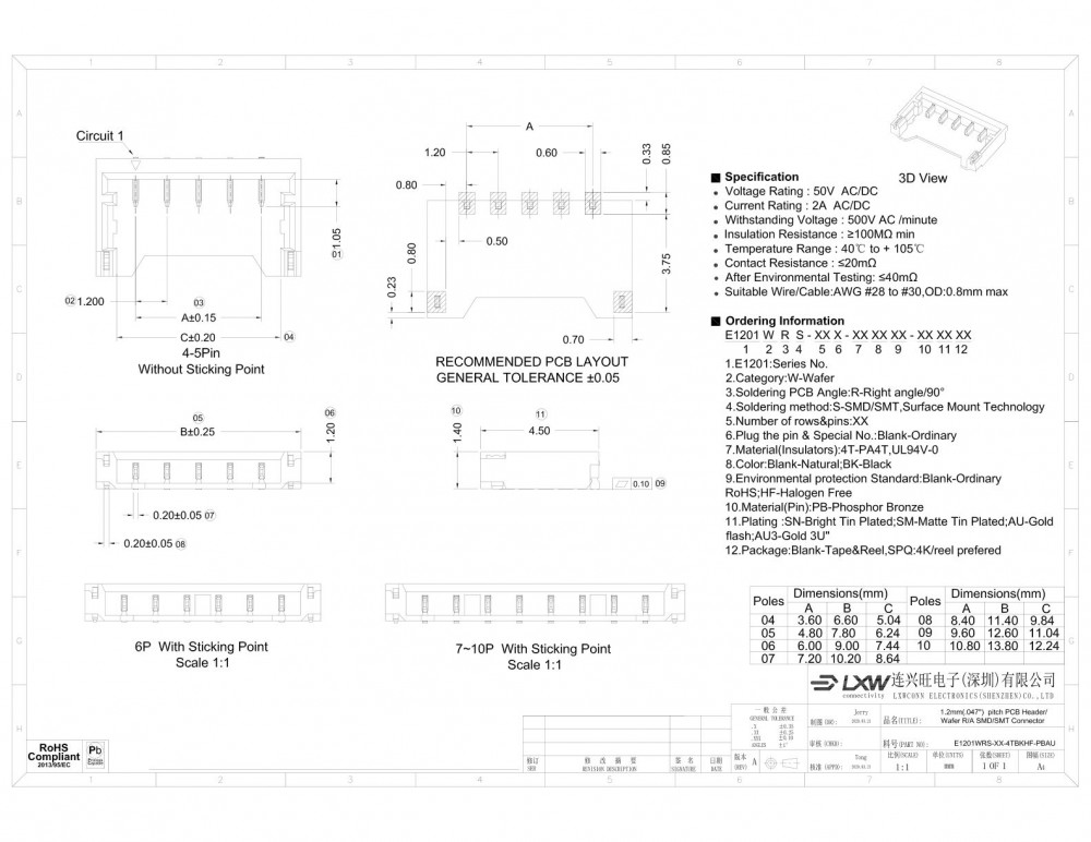 LXWCONN E1201WRS-04-4TBKHF-PBAU technical drawing