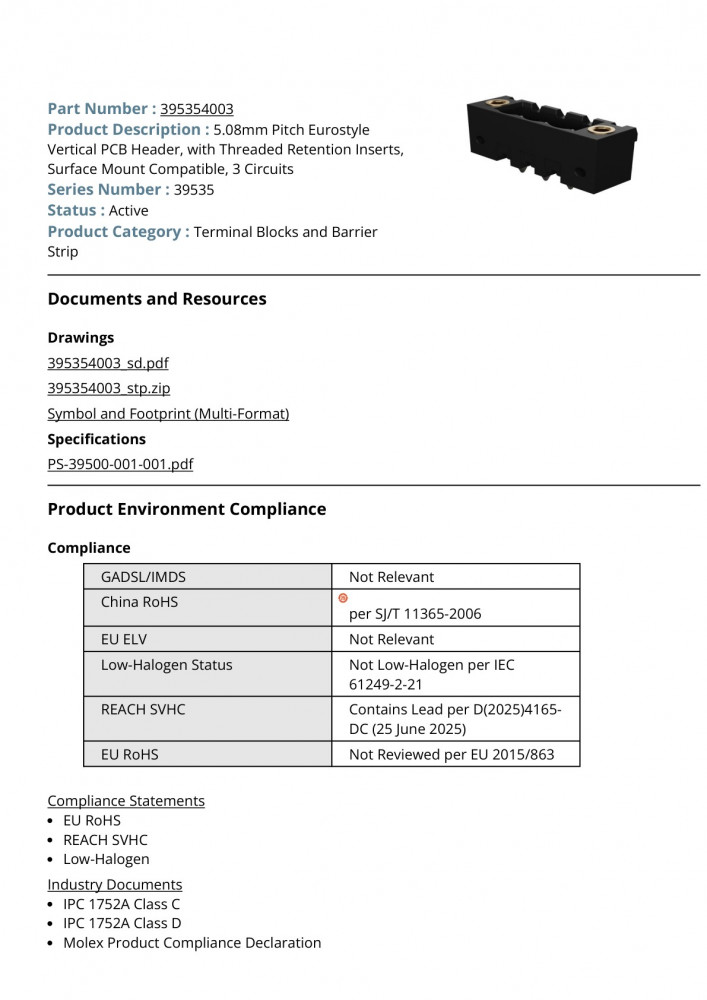 Molex ESE 395XX terminal block technical document page 1
