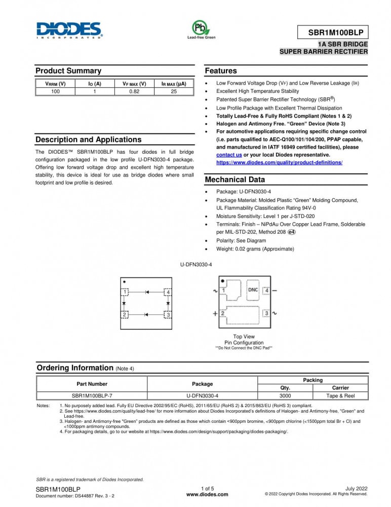 SBR1M100BLP-7 datasheet page 1