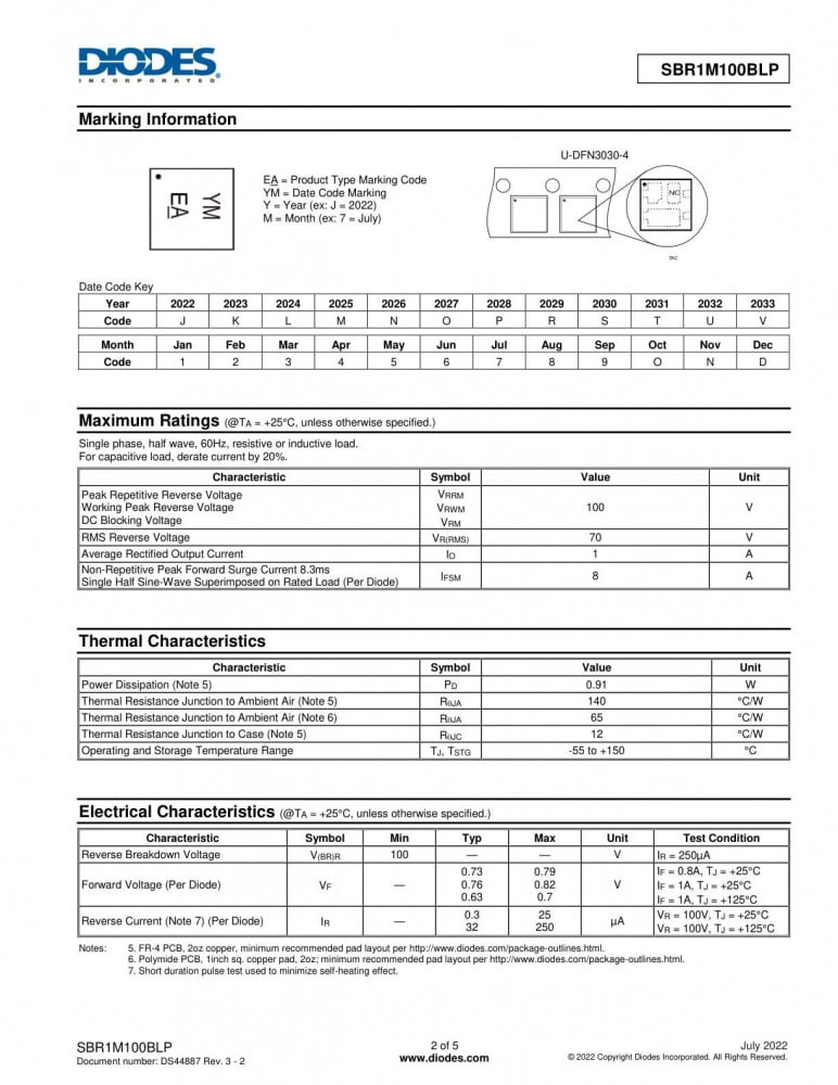 SBR1M100BLP-7 datasheet page 2