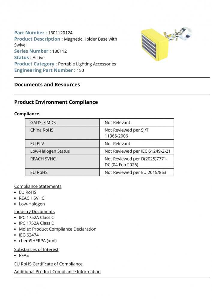 Product document image 1 for MOLEX 1301120124