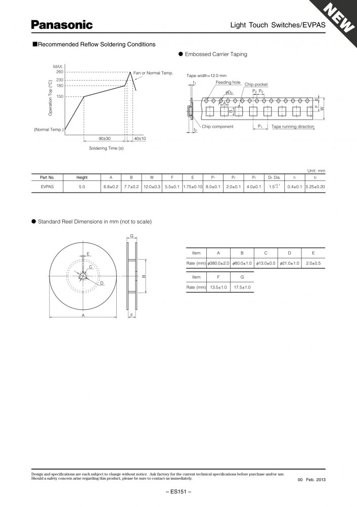 EVPAS embossed tape and reel information