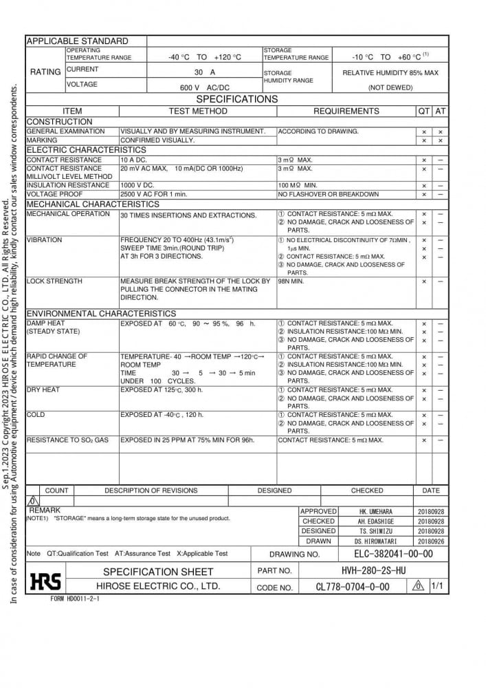 HRS HVH-280-2S-HU specification sheet