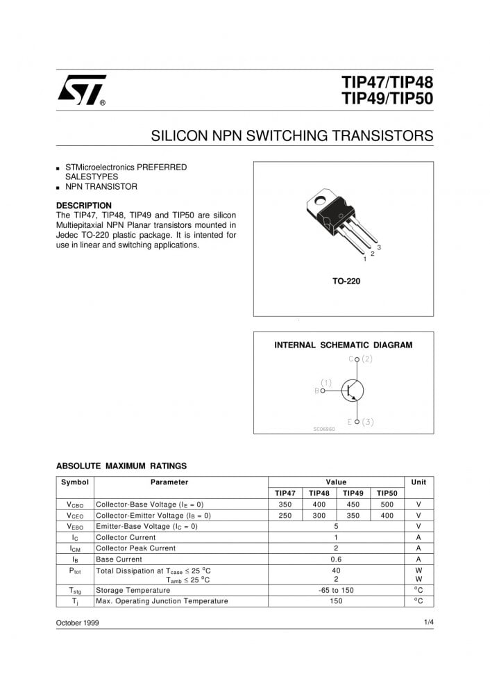 TIP47 datasheet page 1