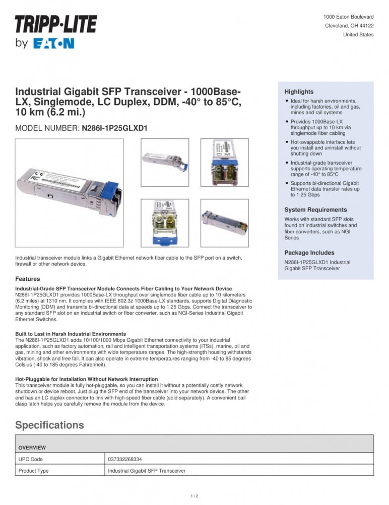 N286I-1P25GLXD1 technical document page 1