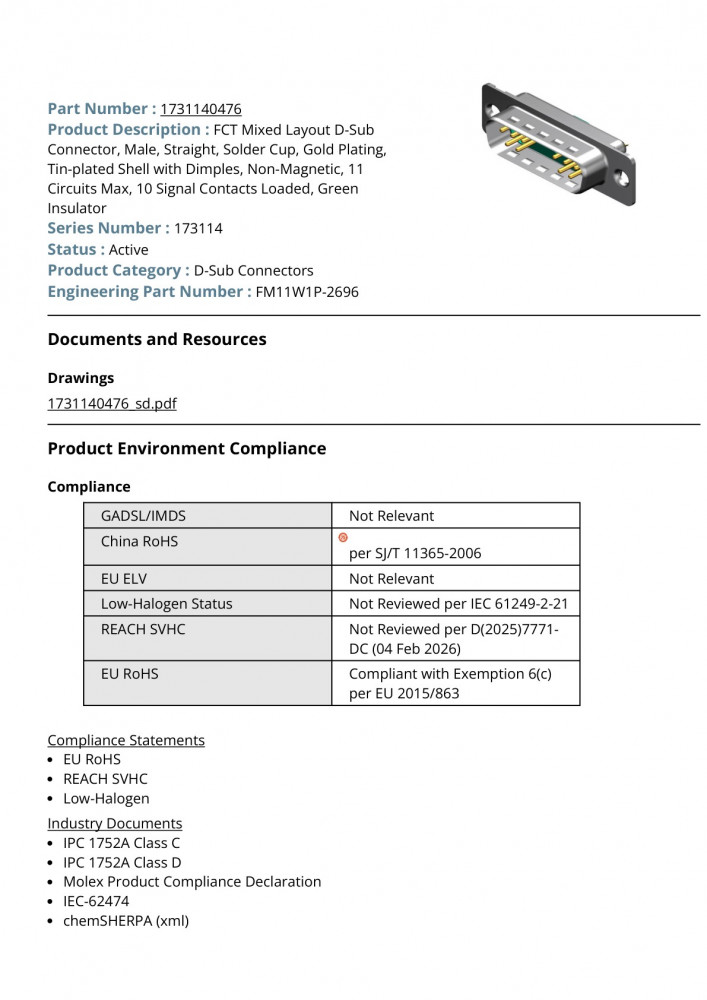 MOLEX 1731140476 technical drawing, page 1