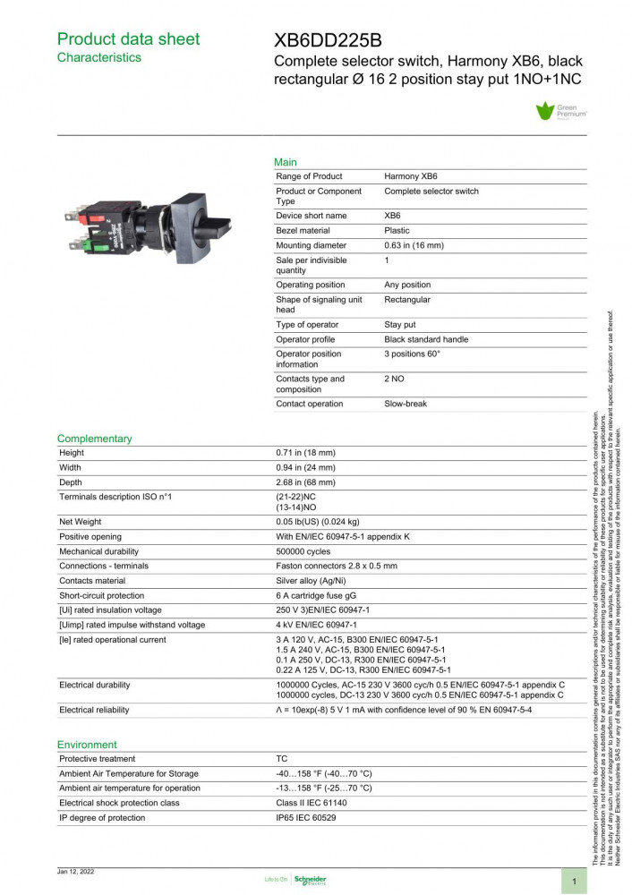 XB6DD225B technical document page 1