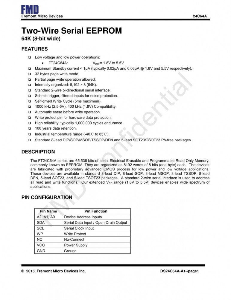 FT24C64A datasheet page 1