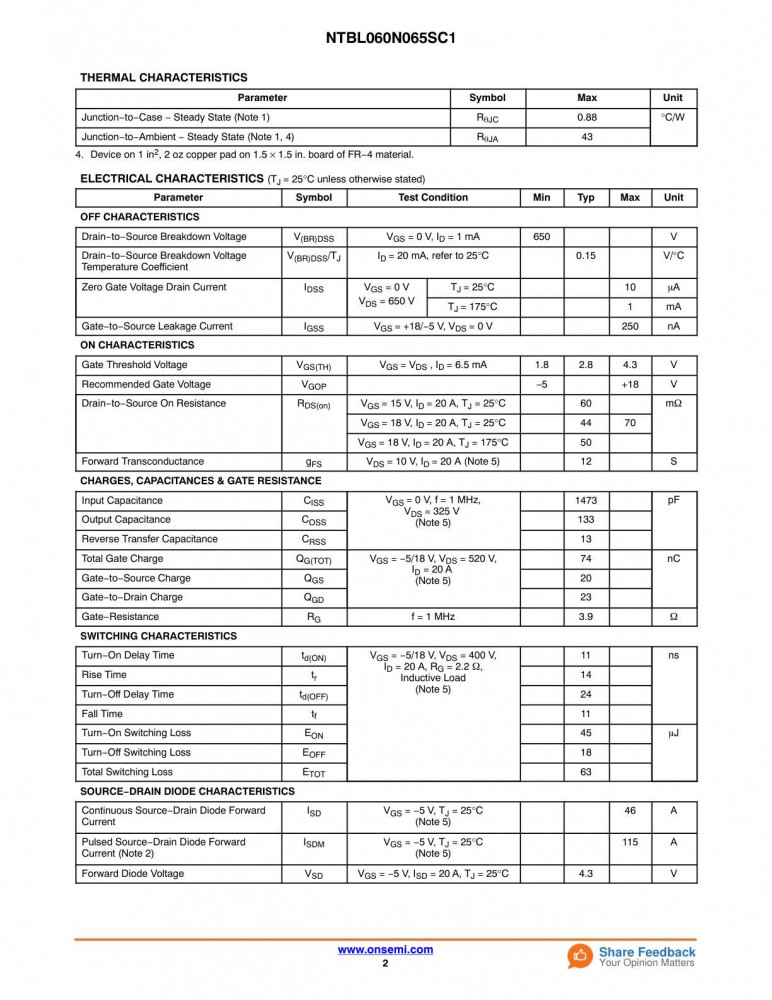 NTBL060N065SC1 datasheet page 2