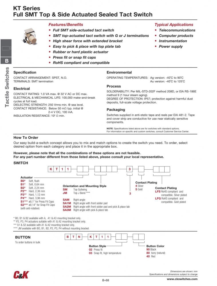 C&K KT11 series datasheet page 1